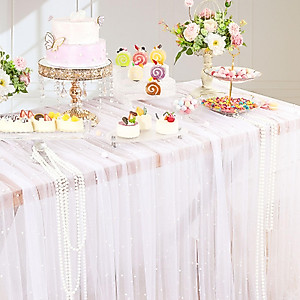 White Tulle Fabric Pearl Table Runner, Wedding Table Runner Decor Lace Table Cloth Wedding Arch Decorations Tulle Ribbon 5 Yards Lace Dessert Tablecloth Table Cover for Birthday Party Bridal Shower