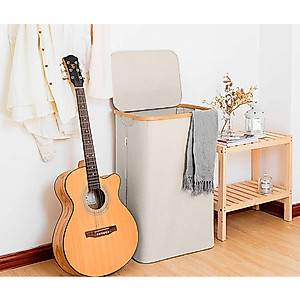 Lonbet - Laundry Hamper with Lid Cover - Sturdy Tall Bamboo Laundry Basket Clothes Organizer - Aesthetic Bedroom Fabric Bin - Big Bathroom Dirty Clothes Hamper - Removable Bag - XL 100 Liters - Beige