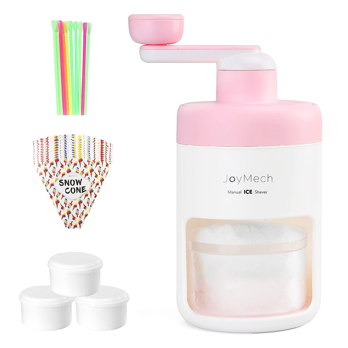 JoyMech Manual Shaved Ice Maker Machine Set with 10 Cardboard Cones, 10 Slushy Straws and 3 Ice Trays, Instant Ice Shaver, Snow Cone Machine, Ideal for making Snowcones and Slushy (Pink)