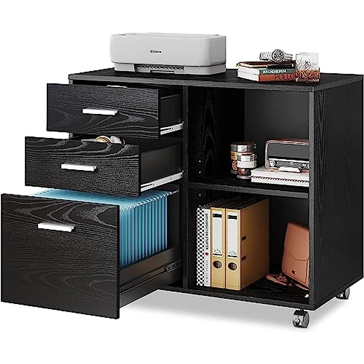 DEVAISE 3-Drawer Wood File Cabinet, Mobile Lateral Filing Cabinet, Printer Stand with Open Storage Shelves for Home Office, Black