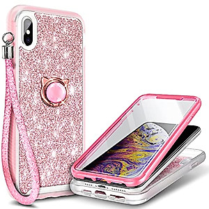 NGB Supremacy Compatible with iPhone X/iPhone Xs Case with [Built-in Screen Protector] Ring Holder/Wrist Strap, Full Body Protection, Slim Fit Shockproof Bumper Durable Cover Case (Glitter Rose Gold)