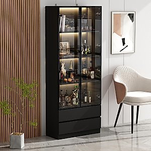 Homsee Bookcase Bookshelf with 4-Tier Shelves, Glass Doors, Drawers and LED Lights, Wooden Display Storage Cabinet for Home Office, Living Room, Black (31.5”W x 14.2”D x 78.7”H)