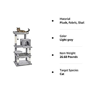 Catinsider 46.5 inches Cat Tree Multi-Level Cat Tower with Sisal-Covered Scratching Posts, Plush Perches, Hammock and Condo for Cats Light Gray