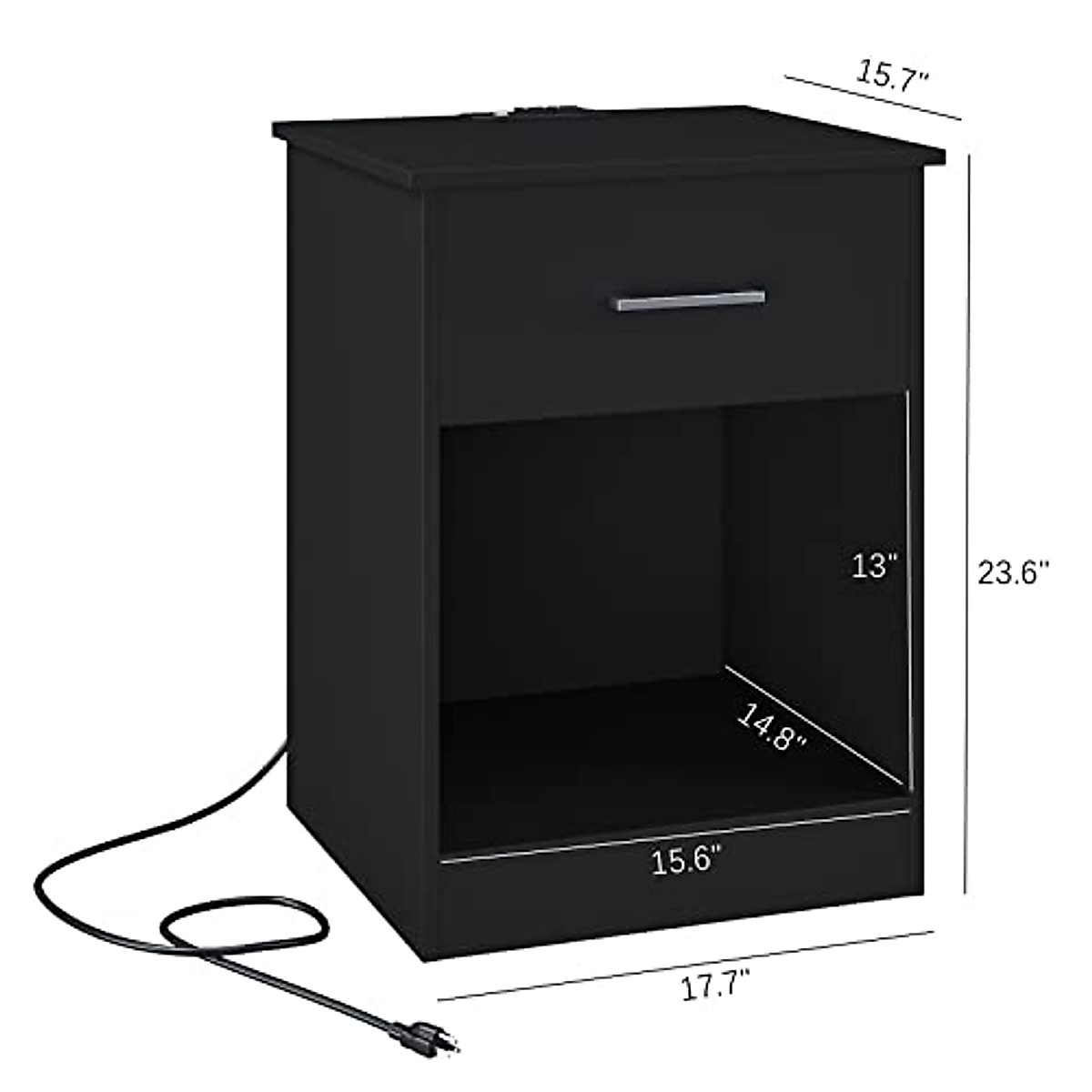 Reettic Set of 2 Nightstand with Charging Station and USB Ports & Power Outlets, Wooden End Table with Drawer and Opening Shelf, Side Table for Bedroom, Black RCTG101BE02