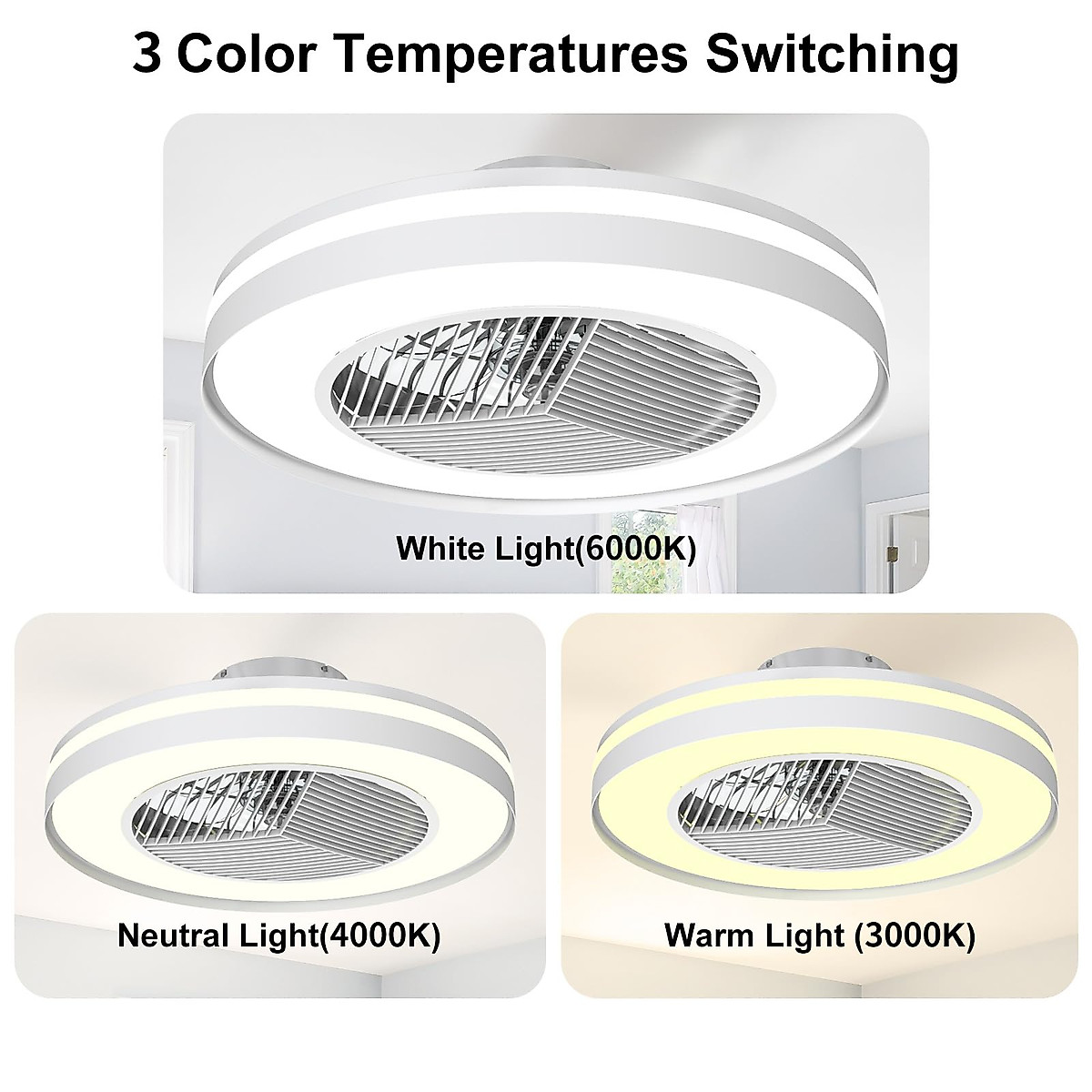 Ceiling Fan with Lights Remote Control,Dimmable Fan Lighting, 20'' Enclosed Bladeless Fan, Semi Flush Mount,2.4GHz Wi-Fi Bluetooth & App Controlled Works with Alexa and Google Assistant (Matte White)