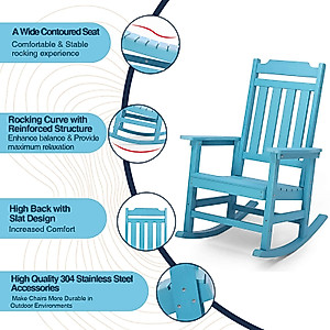hOmeQomi Rocking Chairs Set of 2, All Weather Resistant Poly Lumber Outdoor Porch Rocker, Rocking Chairs for Outdoor, Indoor, Patio, Deck, Garden, Backyard, Load Bearing 380 lbs - Lake Blue