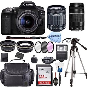 Canon EOS Rebel 90D DSLR Camera w/EF-S 18-55mm f/3.5-5.6 Lens + EF 75-300mm f/4-5.6 III Lens + 128GB Memory + Case + Filters + Tripod + Inspire Digital Cloth & More (Renewed)