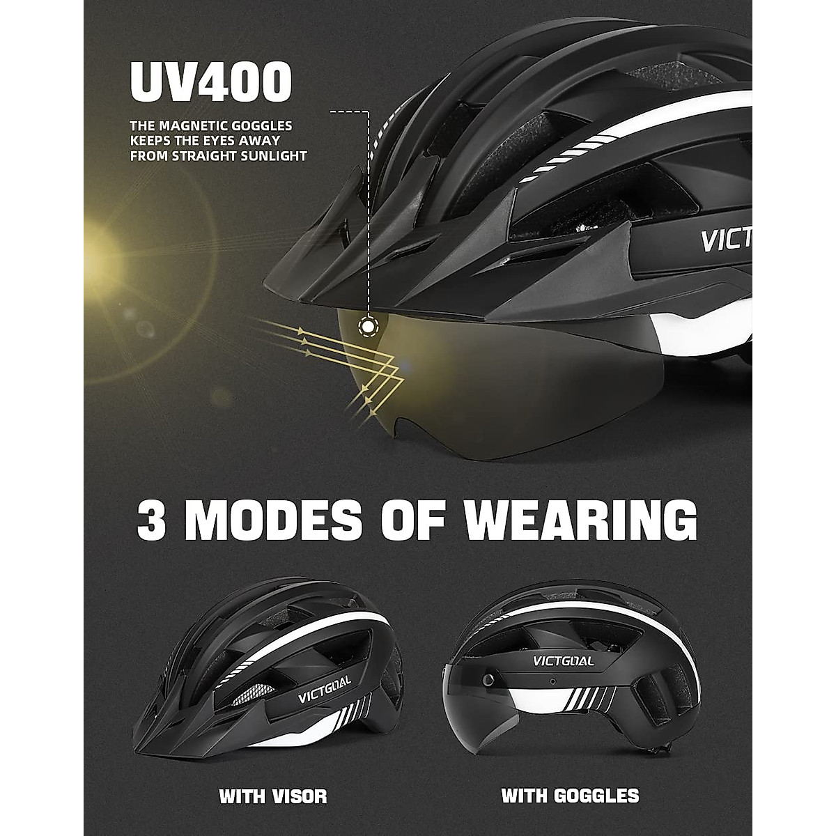 VICTGOAL Bike Helmet with USB Rechargeable Rear Light Detachable Magnetic Goggles Removable Sun Visor Mountain & Road Bicycle Helmets for Men Women Adult Cycling Helmets (L: 57-61 cm, Black White)