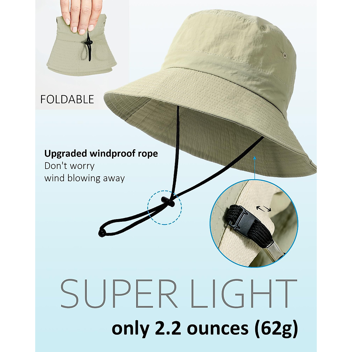Waterproof Bucket Hat for Women Men Rain Hat UPF 50+ Wide Brim Boonie Sun Hat Foldable Summer Floppy Beach Fishing Safari Hat Light Green