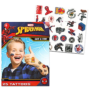 Fast Forward New York Marvel Spiderman Preschool Backpack for Kids, Toddlers - 4 Pc School Supplies Bundle with Canvas Spidey 10'' Mini Backpack, Stickers, Tattoos, and More