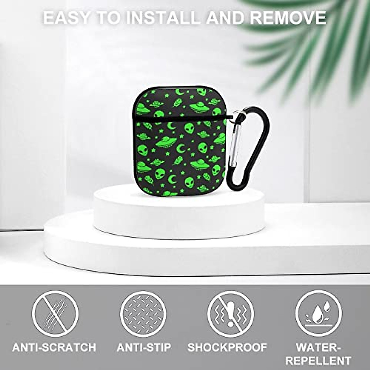 Airpod Case Soft Silicone Flexible Skin Alien Funny Spaceships Planet Green Black Case Cover for Apple AirPods 2&1 Fashion for Girls Boys with Keychain