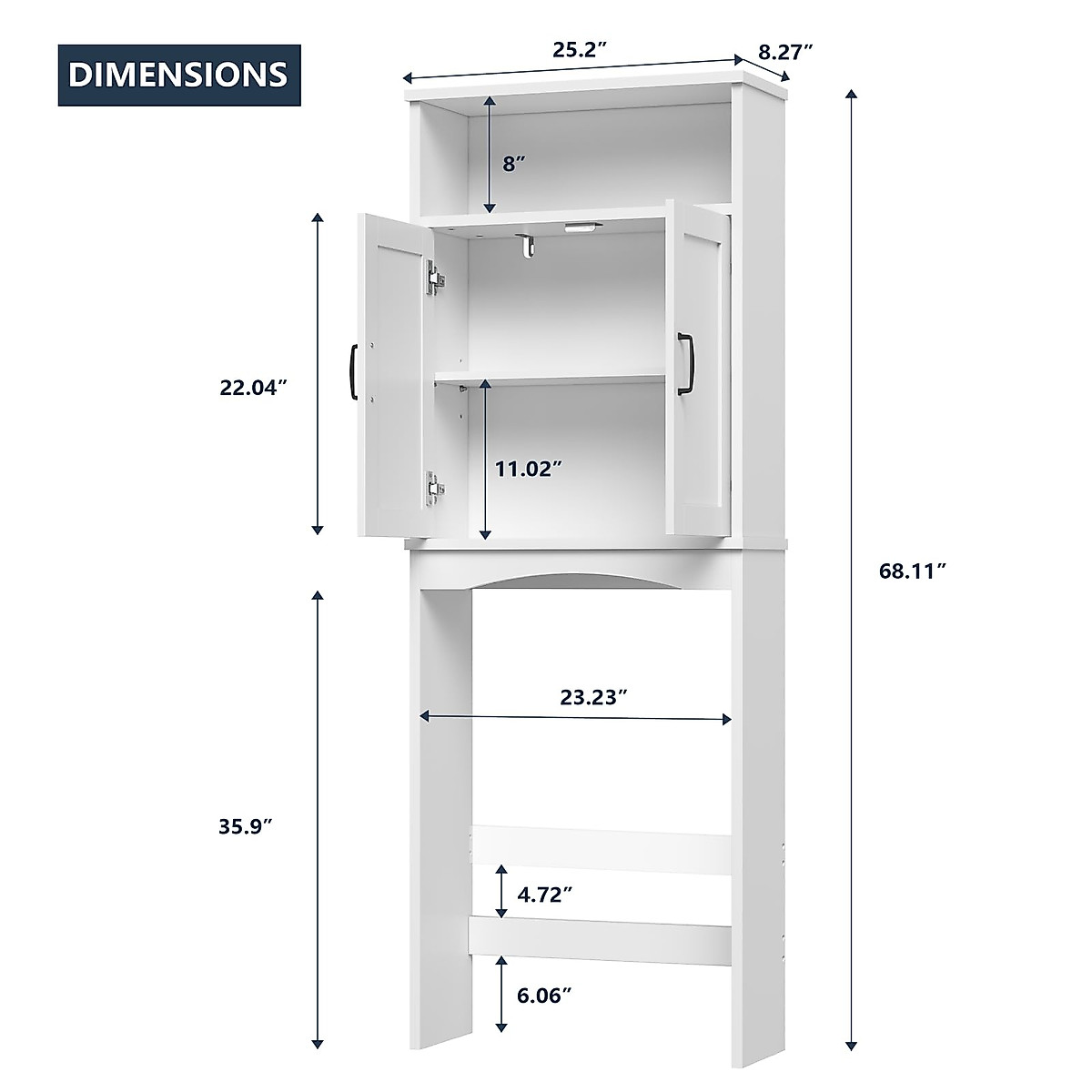 Baztin Over The Toilet Storage Cabinet, Over Toilet Storage Bathroom Organizer with Inner Adjustable Shelf and Top Open Storage Above The Toilet Storage Cabinet Behind Toilet Bathroom Cabinet, White