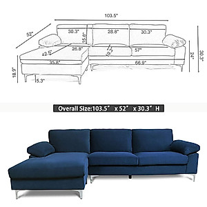 UStinsa Sectional Couch for Living Room Sectional Sofa with Velvet Fabric and Hard Wood Frame L-Shape Sectional Sofa Couch Blue Sofa