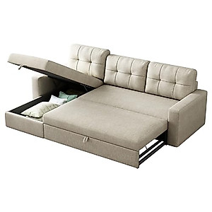 Ball & Cast 81.5" L-Shaped Convertible Sleeper Sofa, Upholstered Sectional Couch Pull Out Sofa-Bed with Storage Chaise & Removable Back Cushions, Beige