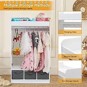 WISCLASS Kids Dress Up Storage with Mirror and Drawers, Kid Armoire Dresser, Open Costume Closet, Costume Rack, Lovely White for Girls Room