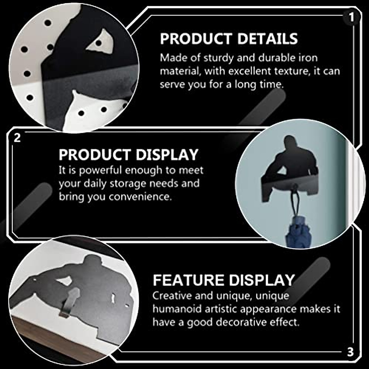 TEHAUX 2 pcs Art Wall Heavy Unique Storage Man Mounted Home Iron Towel Wrought Doorway Black Decorative Human-Shaped Shaped Decoration Clothes-Hook Clothes Funny Chic Duty Shape