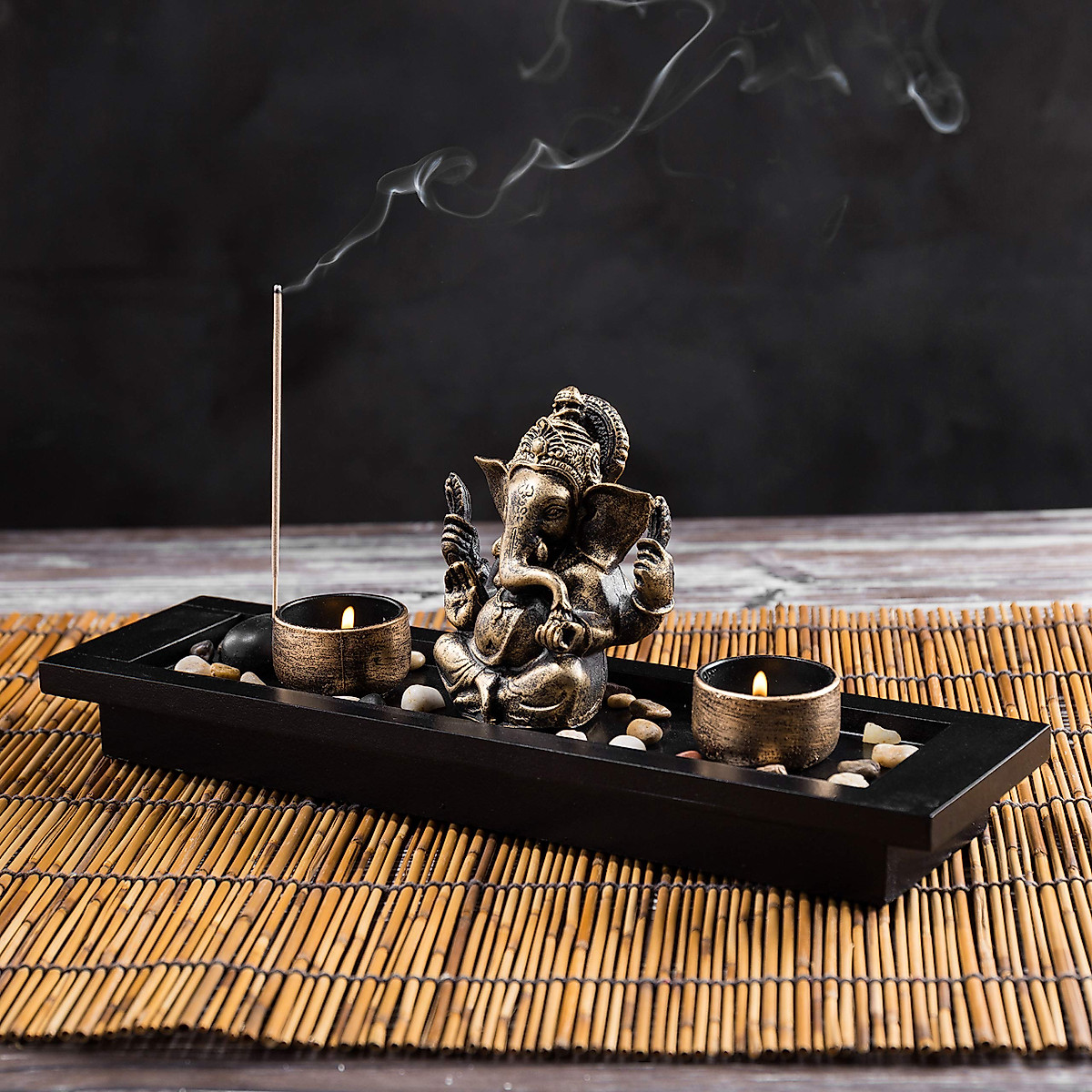 MyGift Mini Zen Garden with Ganesh Statue, Incense Stick Burner, Tealight Candle Holders, Decorative Rocks and Display Tray