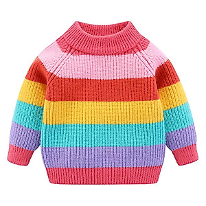 Mud Kingdom Fall Tops Baby Boys Girls Rainbow Stripes Ribbed Knit Color Block Long Sleeve Sweater Pink 12-18 Months