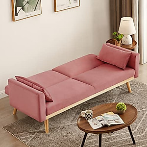 AWQM Velvet Futon Sofa Bed, Memory Foam Couch Set, Upholstered Modern Daybed Convertible Folding Loveseat Recliner with Pillows and Wooden Frame for Compact Living Room, Apartment, Dorm, Office (Pink)