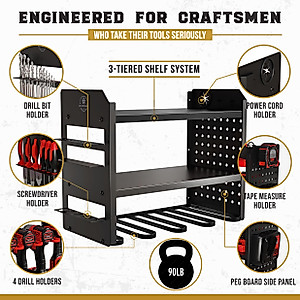 BUILTSTRONG Power Tool Organizer Wall Mount - 3-Tier Heavy-Duty Metal Hand Tool Storage Rack, Utility Racks, Drill Holder, PegBoard Side, & More - Garage Storage Cordless Tool Organizer (Black)