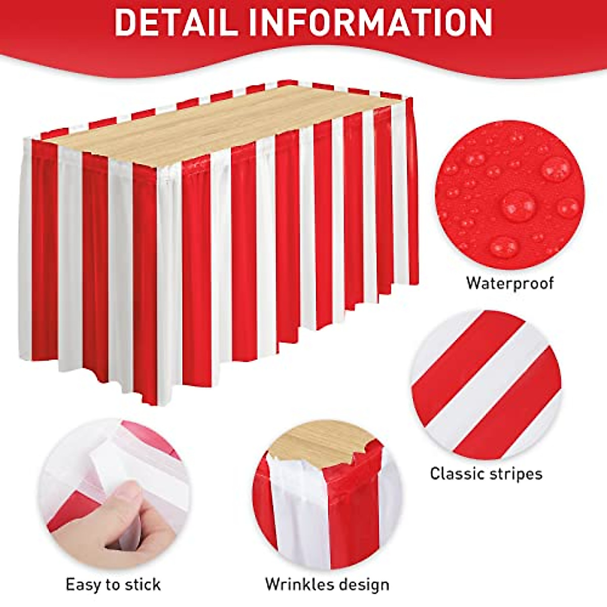 durony 2 Packs Red and White Striped Table Skirt Circus Theme Party Supplies Carnival Table Skirt for Carnival Home Party Decoration, 165 x 30 Inches
