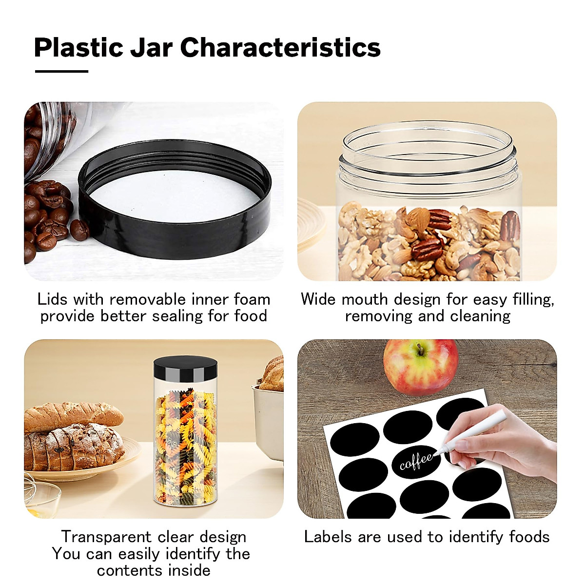 SLifeJars Plastic Jar with Lids 16oz Clear Empty Containers 16Pcs Straight Cylinders Storage Jars with Airtight Black Lid Stackable Refillable Round Plastic Jars for Kitchen Food & Home Storage