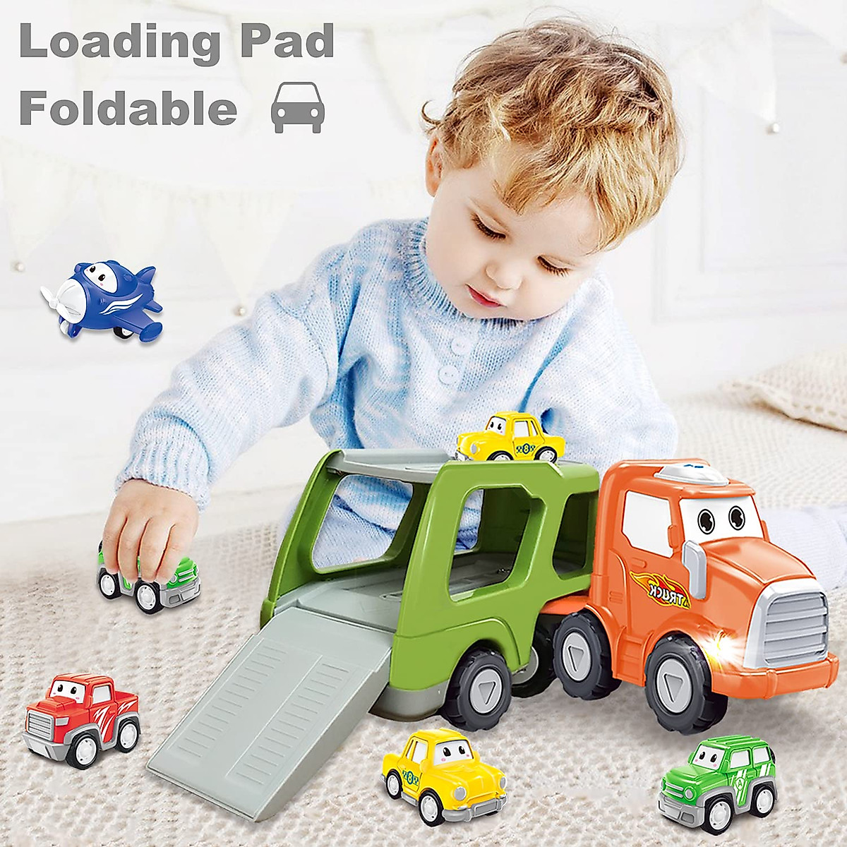 VESIHOLO Toy Trucks, Toddler Toys Car for Boys and Girls, Toys for 3 4 5 6 Year Old, 5-in-1 Push Back Toy Vehicle, Toy Trucks, Car Trucks with Light Sound for Kids, Birthday Gift Toys