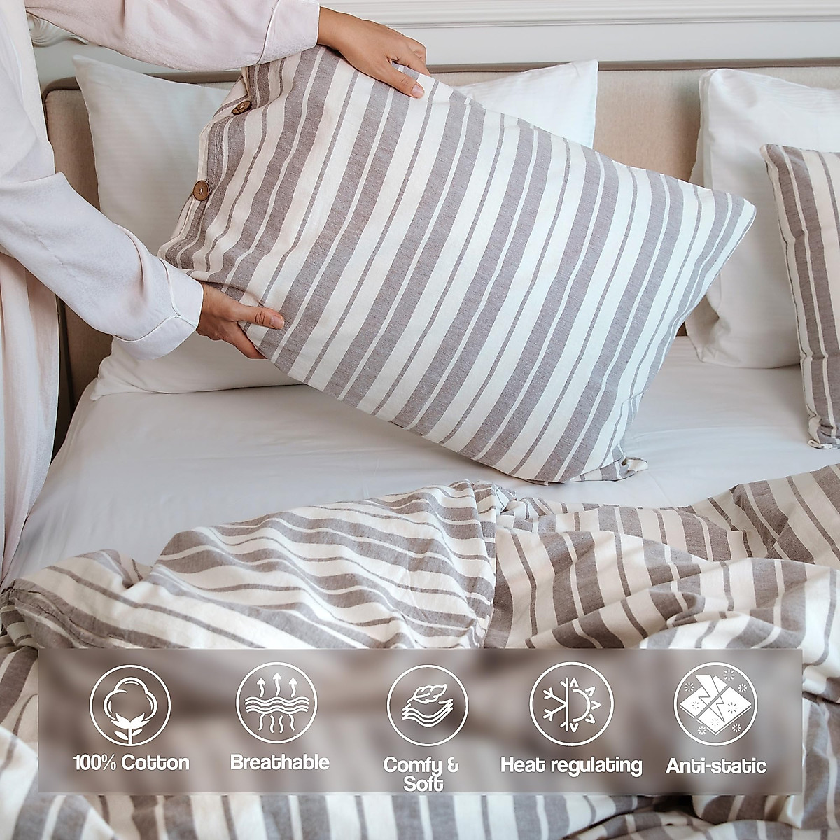 Lavien Home, 100% Natural Cotton Duvet Cover Set King Size, Linen Like Striped, 1 Duvet Cover with 2 Pillowcases, Soft and Easy Care (Milas, King 104"x90")