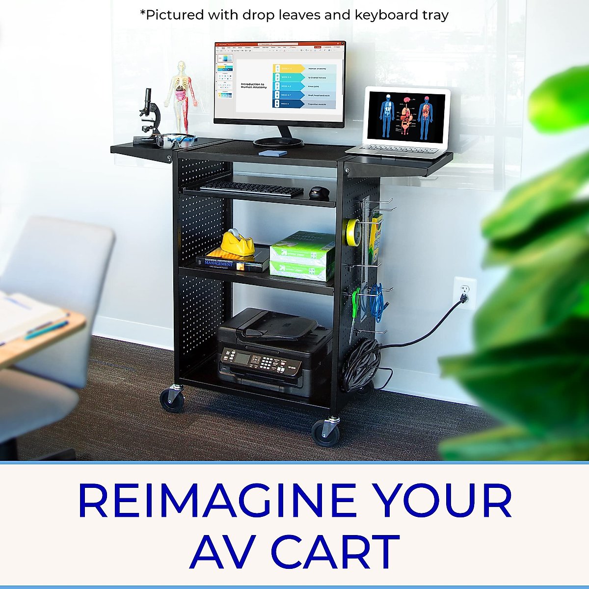 Line Leader Stellar AV Cart | Reimagine Your Teacher Cart with Revolutionary Pegboard Siding & 12 Movable Peg Hooks for Customizable Storage | UL Safety Certified Mobile Workstation with Keyboard Tray