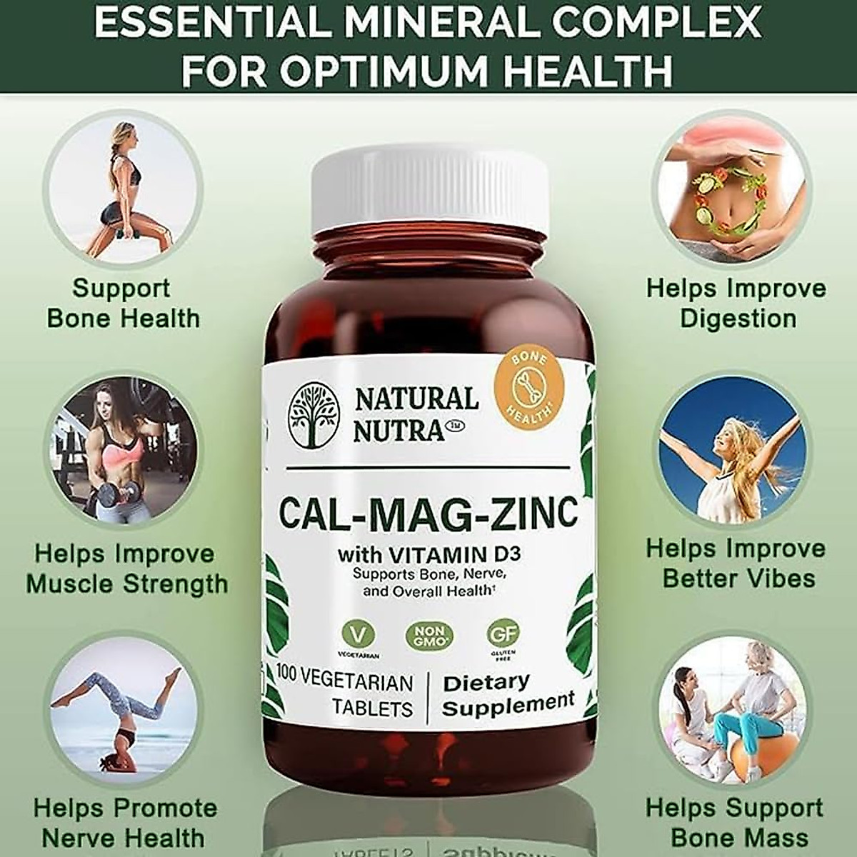 Natural Nutra Calcium Magnesium Zinc (Cal-Mag Zinc) Supplement with Vitamin D3 for Bone Strength, Helps Improve Digestion, Health Gluten Free and Sugar Free, Essential Mineral Complex (100 Count)