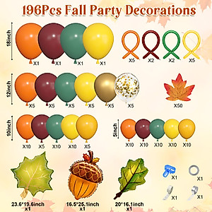 Ouddy Life 196 Pcs Fall Balloons Arch Garland Kit, Fall Party Decorations Orange Green Yellow Burgundy Maple Leaves Pinecone for Autumn Friendsgiving Thanksgiving Little Pumpkin Baby Shower Decor