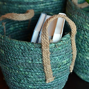Farmers 3 Piece Basket Set, Green Dye Soaked Floor and Shelf Organizers, Corn Husk Wicker, Durable Chunky Rope Weave, Handles, Stitched, Reinforced, Rustic Home Decor, Round, 13, 11, 9 Inches