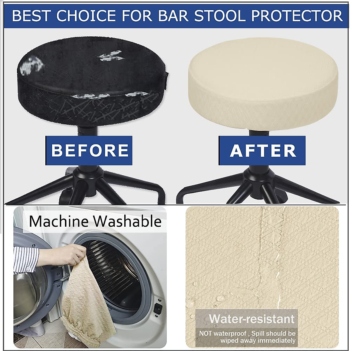 BUYUE 4 Pcs Bar Stool Covers, Luxury Fabric Dia.16-18" Round Stretchy Crease-Resistant Washable Jacquard Dustproof Stool Seat Slipcover, L-Beige-Set of 4