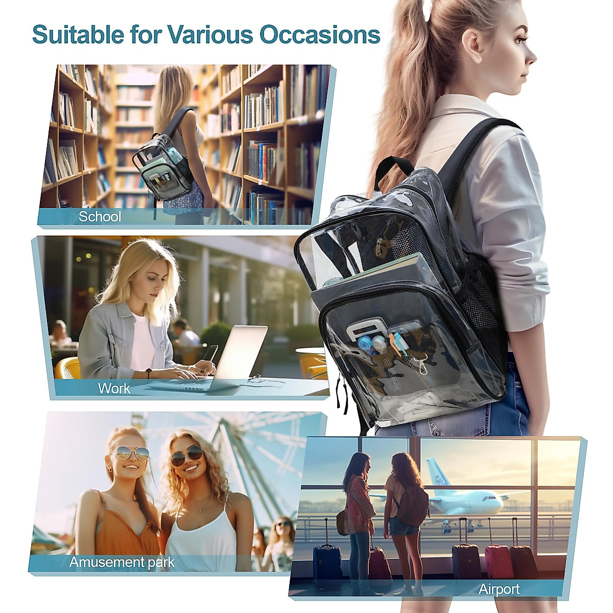 iSPECLE Clear Backpack, Durable School Backpack with Laptop Compartment Clear Backpack with Reinforced Padded Straps Transparent Bag for School, Work, Security, Black