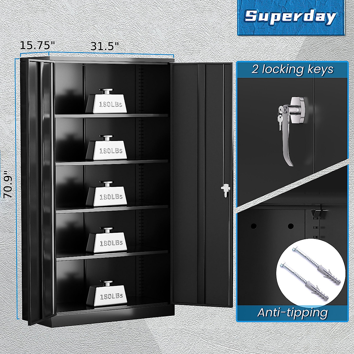 Superday Lockable Storage Cabinet, 71" Garage Storage Cabinets with Lock, Black Metal Cabinet with 2 Doors and 4 Adjustable Shelves for Home Office, Classroom, Bathroom, File, Easy Assemble