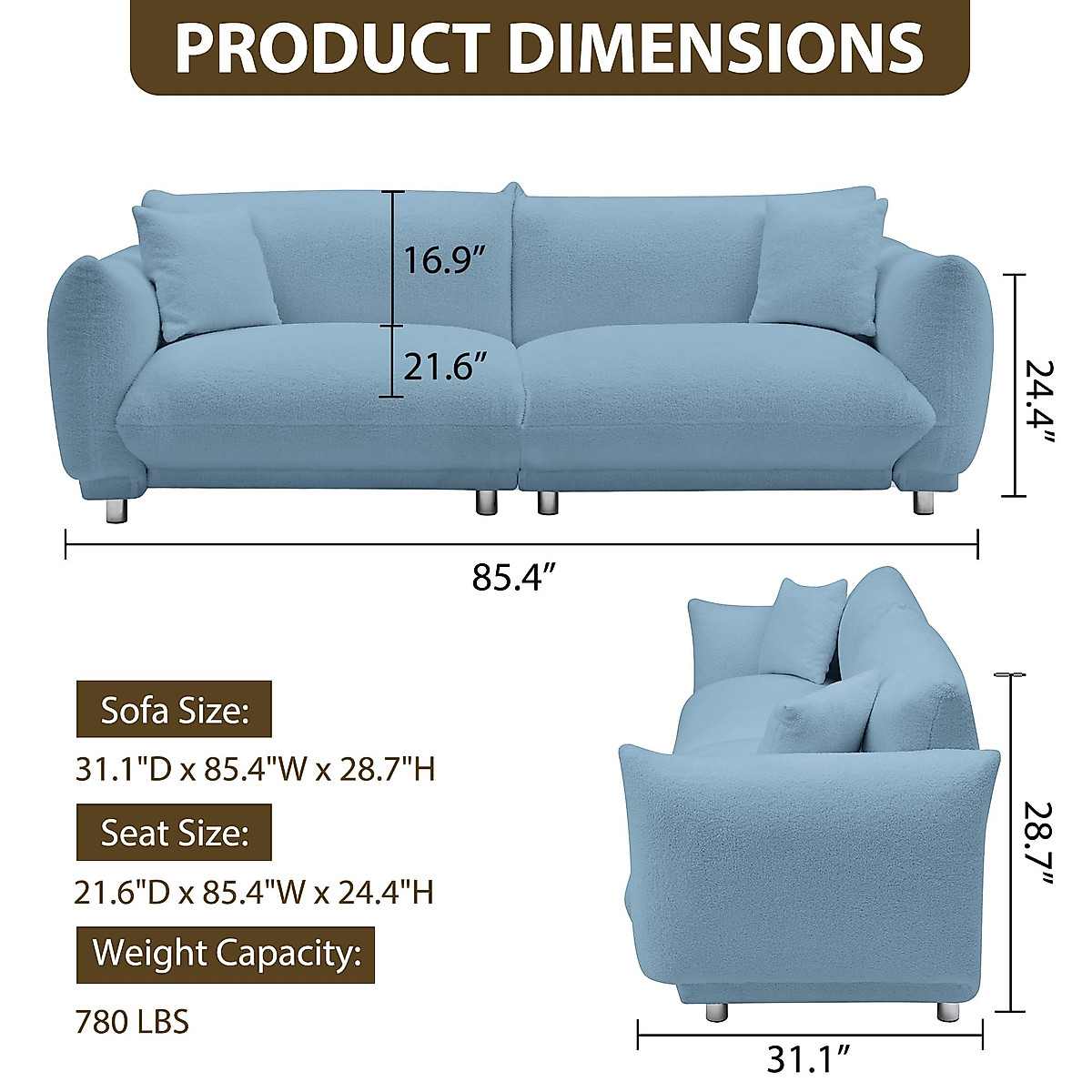 RXRRXY 85'' Modern Cloud Fluffy Loveseat Sofa Couch, Upholstered Deep Seat Love Seat with Thick Cushion, 3 Seater Comfy Boucle Couch with 2 Pillows & Metal Legs for Living Room, Office (Blue)