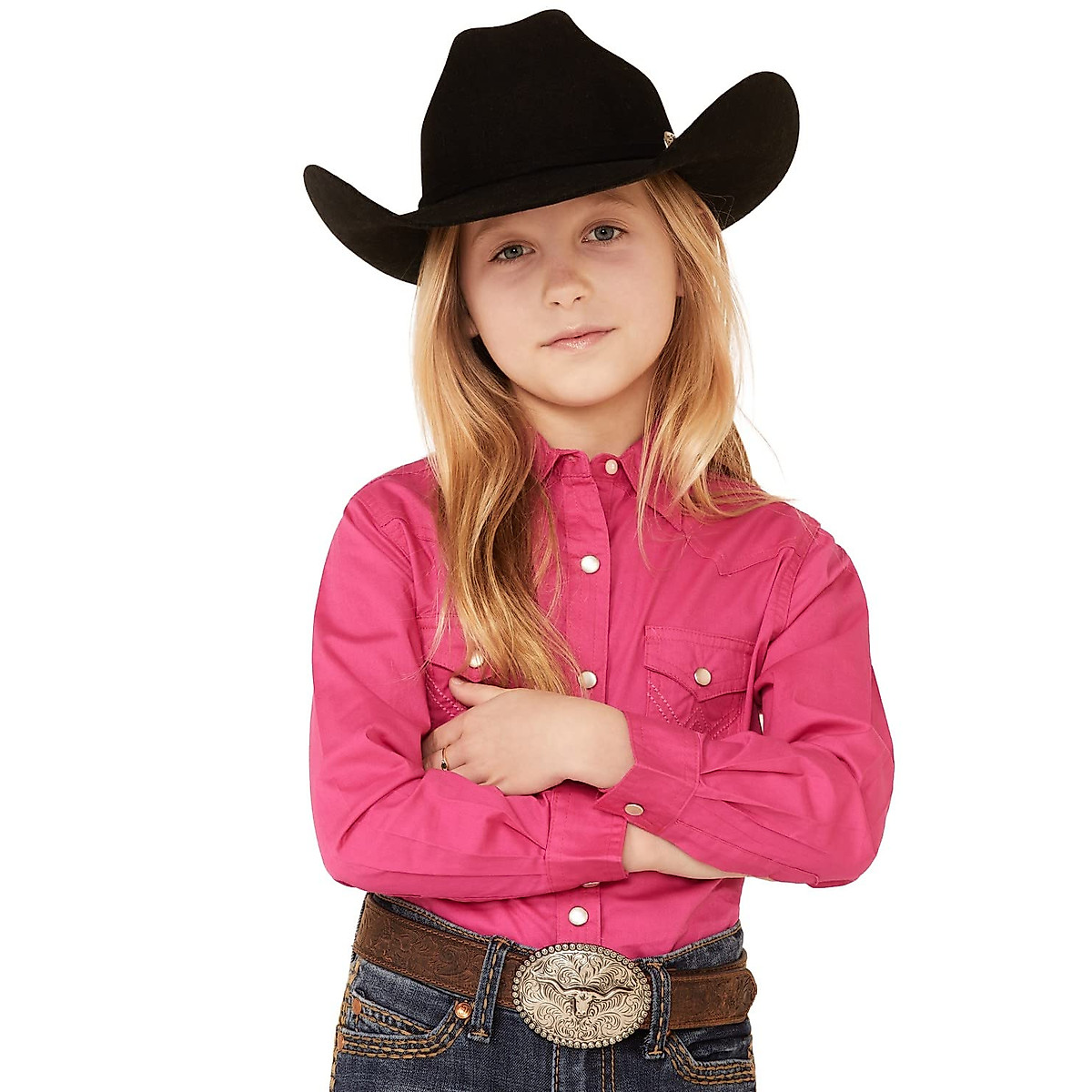 Wrangler Girls' Long Sleeve Western Snap Shirt, Pink, Small
