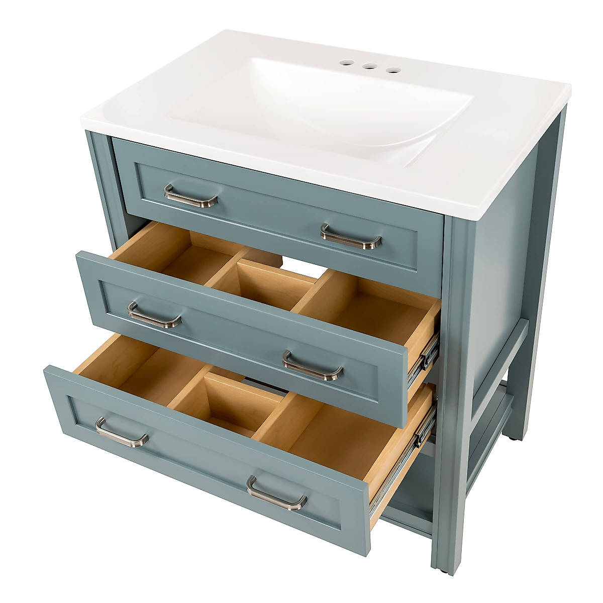 Spring Mill Cabinets Eaton Bathroom Vanity with 2 Drawers, Open Shelf, and White Sink Top, 30.25" W x 18.75" D x 35.41" H, Sage