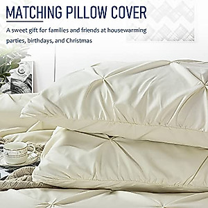 Tyfitb Pinch Pleat Duvet Cover King Size Beige Oversized Duvet Cover Set 3 Piece Floral Pintuck Bedding Set with Zipper Closure