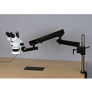 AmScope SM-8TZ-144S-10M Digital Professional Trinocular Stereo Zoom Microscope, WH10x Eyepieces, 3.5X-90X Magnification, 0.7X-4.5X Zoom Objective, 144-Bulb LED Ring Light, Articulating-Arm Boom Stand, 110V-240V, Includes 0.5x and 2.0x Barlow Lenses and 10