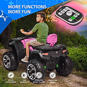 Joywhale 24V 2-Seater Ride on ATV 4WD Quad Powerful 4-Wheeler Electric Car for Big Kids, with 400W Strong Engine, 9AH Large Battery, Metal Suspension, Soft Braking, Music & Bright Headlights, Pink