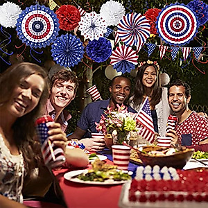 26PCS Patriotic Party Decorations, 4th/Fourth of July American Flag Party Supplies Red White Blue Hanging Paper Fans, Tissue Paper Pom Poms, Star Streamers for American Theme Party