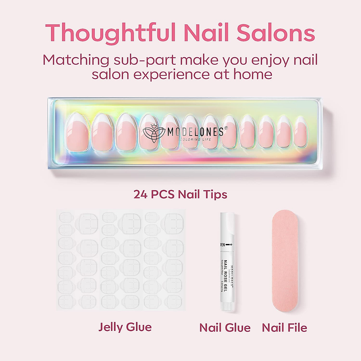 Modelones French Press on Nails, Short Almond Nails, Reusable Nail Kit with Nail Glue Adhesive Tabs Mini Nail File, 24 Fake Nails 12 Sizes, Glue on Nails DIY Home Salon Valentine's Gift for Women Girl