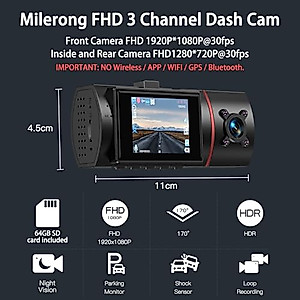 Milerong Dash Cam Front Rear and Inside, FHD 1920P Dash Camera for Cars, Dashcam Three Way Triple Car Camera with IR Night Vision, Rotating Inside Camera, 24H Parking Mode, WDR
