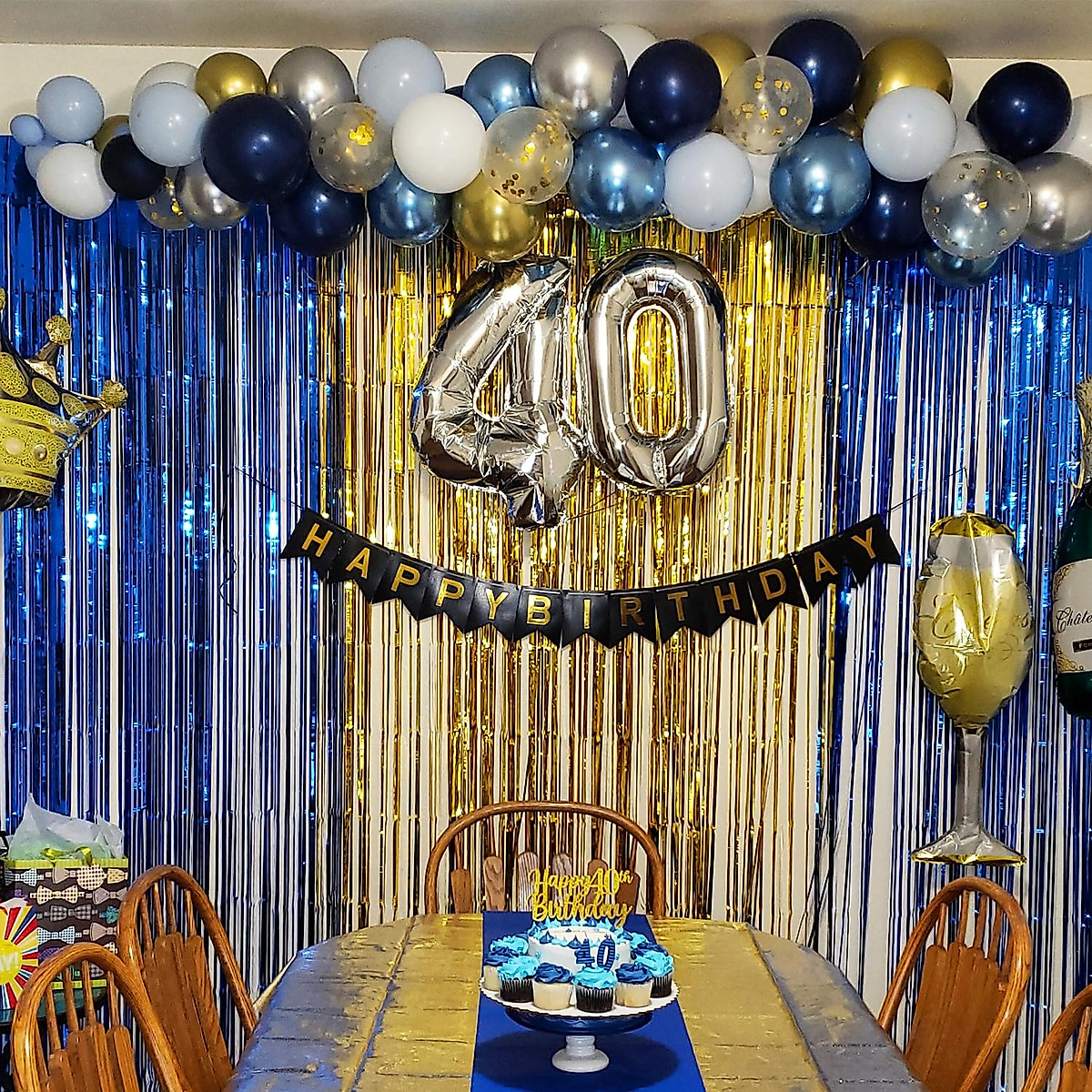 2 Pack Blue Foil Fringe Backdrop Curtains, 3.2x8.2ft Streamer Backdrops Curtains for Birthday Decorations, Baby Shower, Graduation, Halloween, Ocean Party