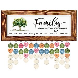 TOARTi Family Tree Birthday Plaque with Tags(15.8''x6.3''), Solid Wood Frame Birthday Hanging Calendar, DIY Birthday Reminder Calendar Tracker Plaque Mother's Day Gift for Mom/Grandma