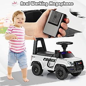 OLAKIDS Ride On Push Police Car, Toddler Foot-to-Floor Sliding Toy with Siren, Steering Wheel, Megaphone, Horn, Headlights, Under Seat Storage, Kids Racer Walking Gift for Boys Girls 1-3 (White)