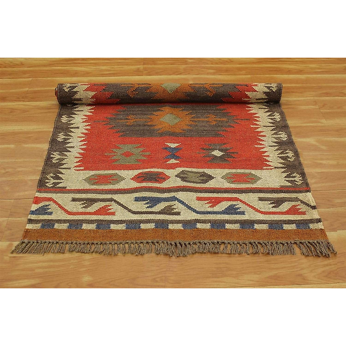 RamVicraft 6x9 Kilim Wool Jute Rug, Natural Handmade Area Rug for Bedroom, Living Room, Dining Room, Hallway, Office, Kitchen, Entryway Carpet for Decorative Use (D-1)