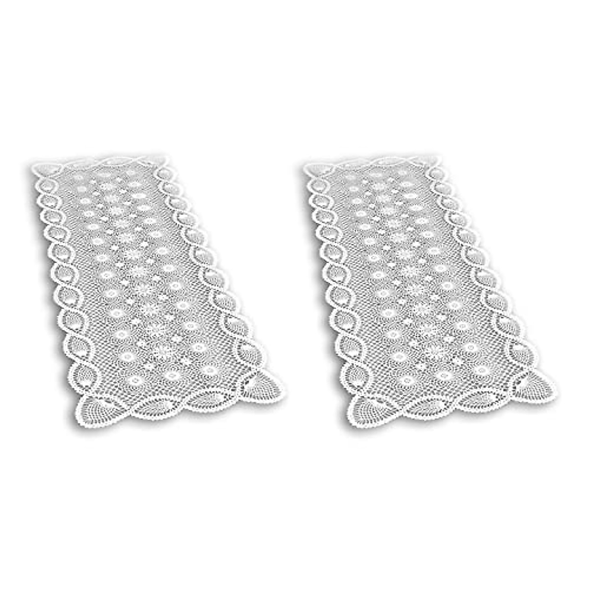 Cut to Size Vinyl Lace, Cabinet Shelf or Pantry Liner, Table Runner, Dresser or Night Stand Scarf. Crochet, Scallop Trim, Easy Clean, Stain Resistant, Measures 14x43 Inches, White, Set of 2