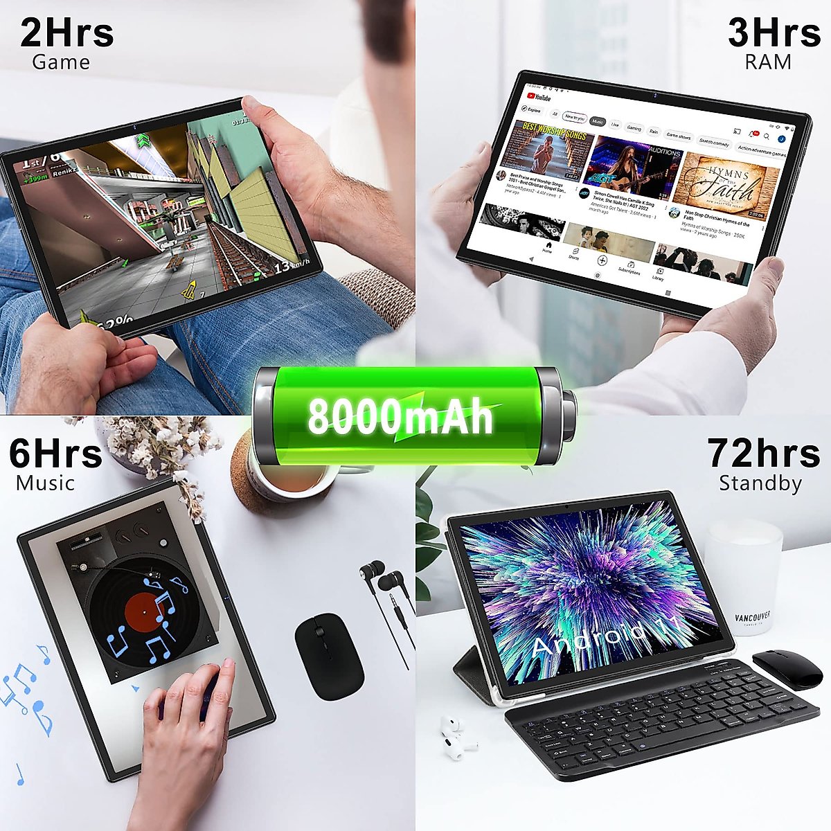 Oangcc 10.1" Android 11 Tablet, 2 in 1 Tablet 4GB RAM 64GB ROM (Up to 128G) Dual Camera Computer Tablet PC with Bluetooth Keyboard | Wireless Mouse | Stylus | Case | and More - Black
